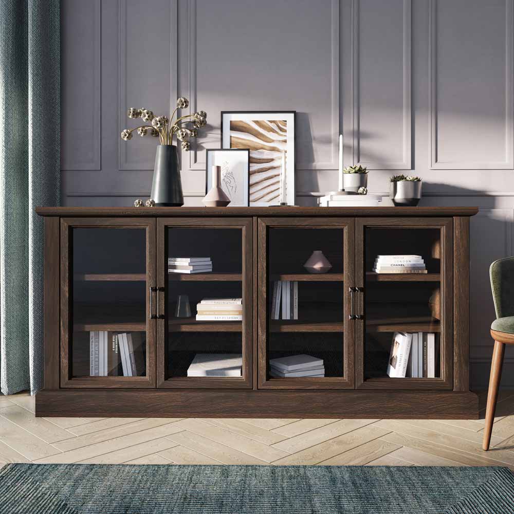 BELLEZE Liam 70 Rustic Farmhouse Wood Sideboard Universal Stand Glass Storage Stone Grey