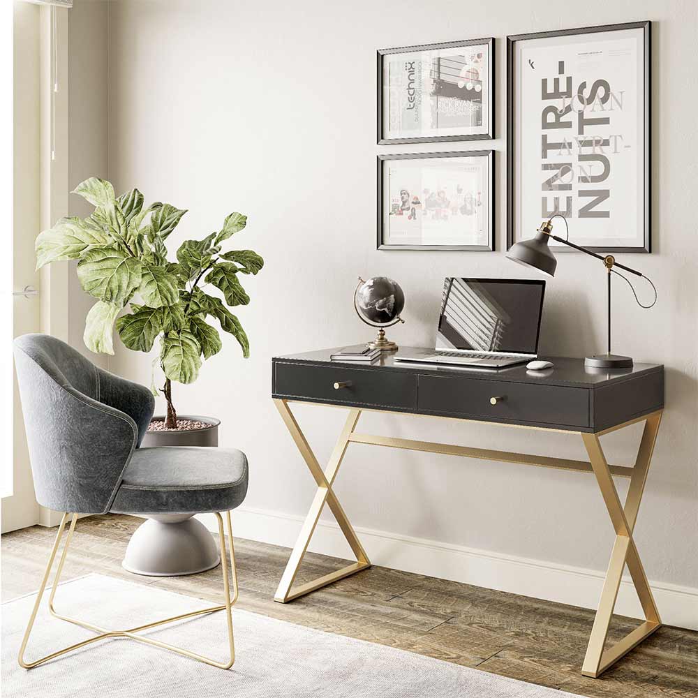 42 Inch Home Office Writing Desk w/ Gold Metal Frame | Belleze