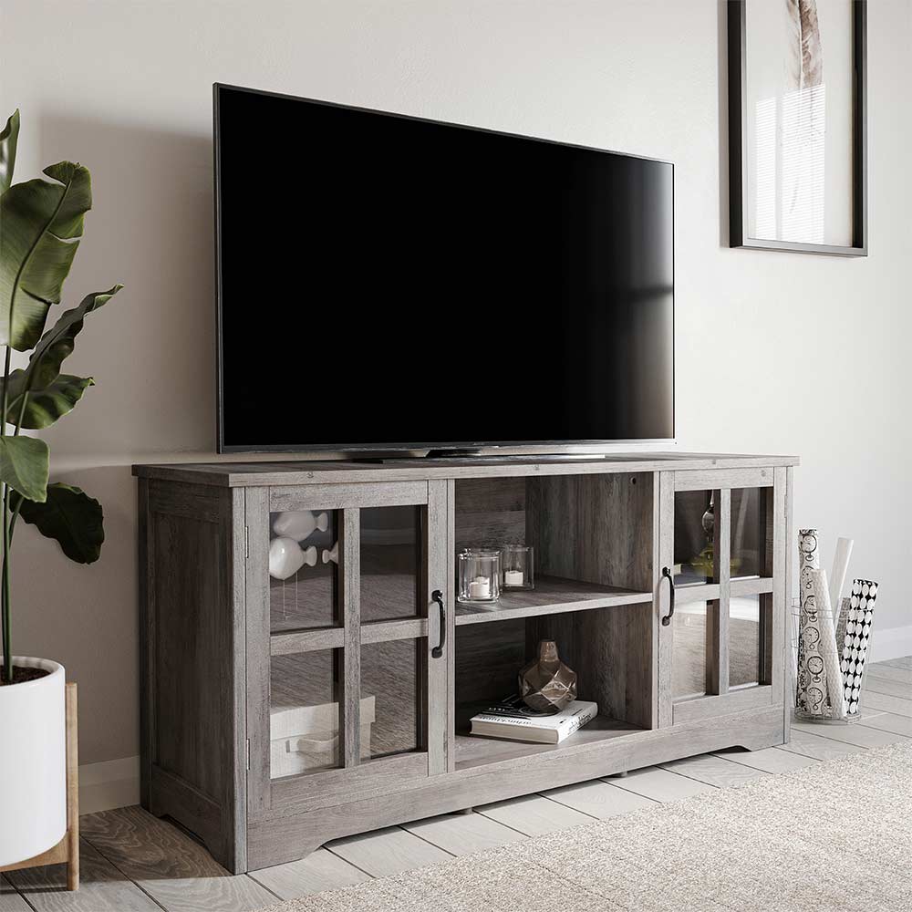 Gray Modern Farmhouse TV Stand with Glass Doors for 55 inch TVs
