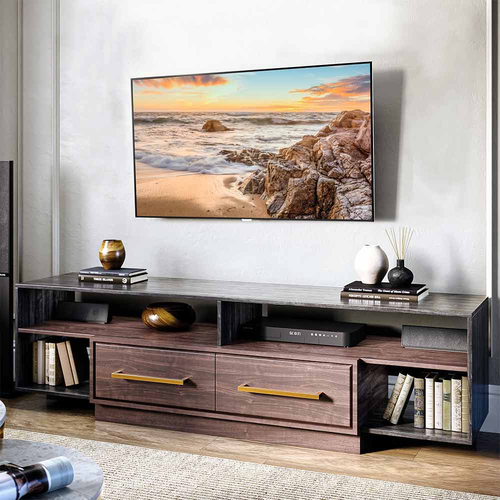 Modern Long TV Stand with Drawers & Open Shelves for 75 inch TVs