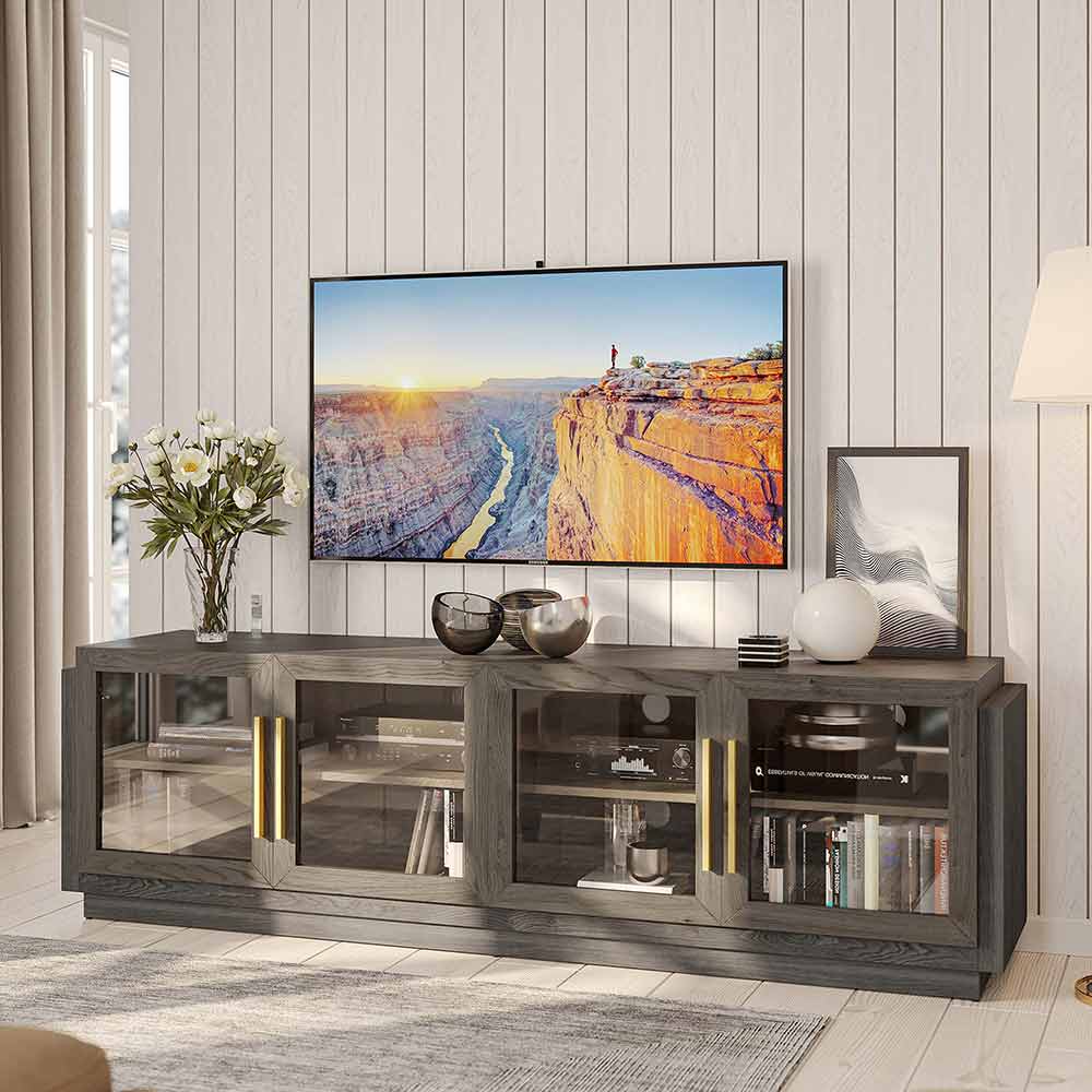 Modern Long TV Stand with Glass Doors for 75 inch TVs