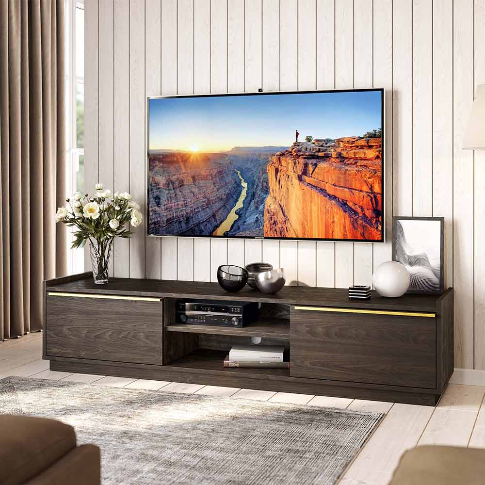 Dark Wood Modern Low Profile TV Stand for 75 inch TVs