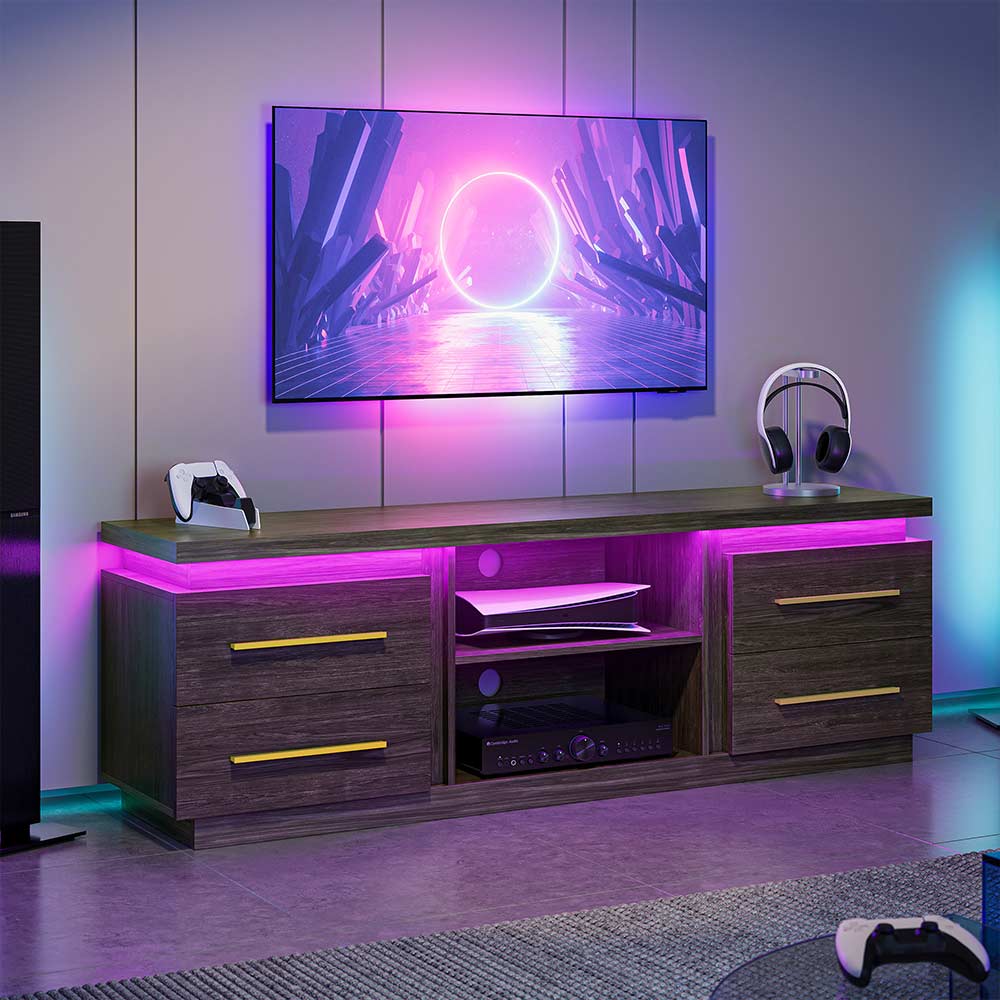 Brown Modern TV Stand with LED Lights & Drawers for 75 inch TVs
