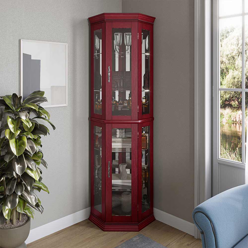 Belleze Lorona Floor Standing 5 Sided Lighted Corner Curio Cabinet Cherry Brown